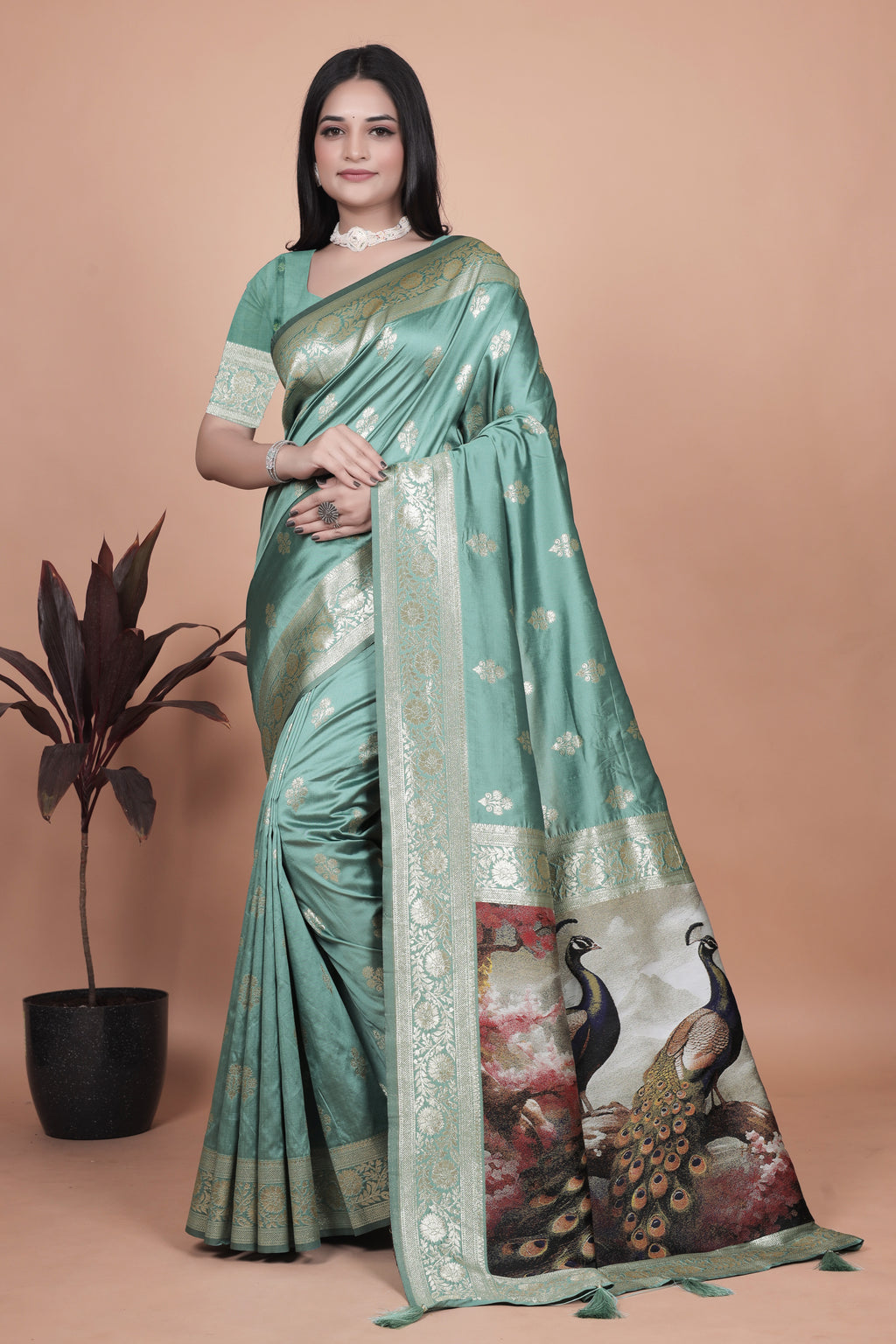 Premium Green Banarasi Saree with Embroidered Peacock Motif – Glamgait