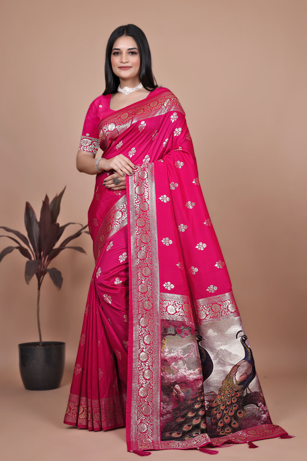 Premium Pink Banarasi Silk Saree with Peacock Artwork and Silver Borde ...